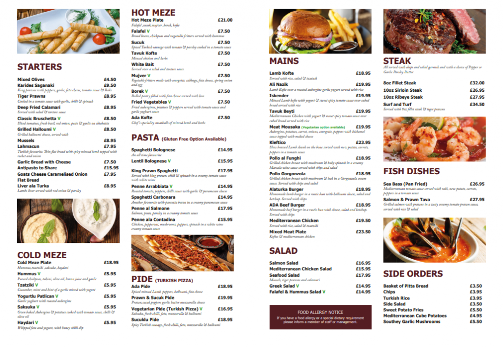 Menu | Mediterranean restaurant in Ryde Isle of Wight