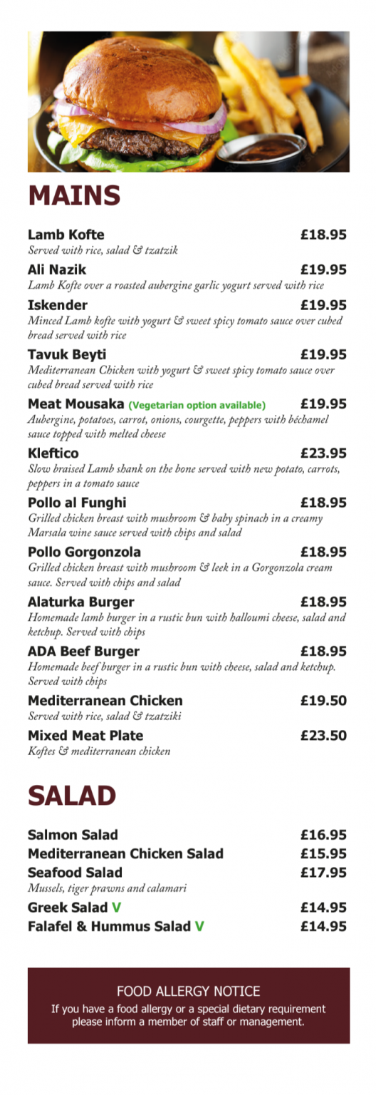 Menu | Mediterranean restaurant in Ryde Isle of Wight