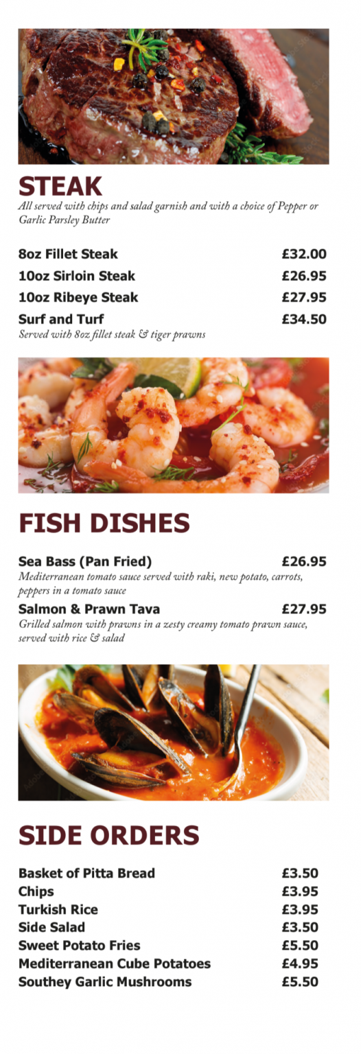 Menu | Mediterranean restaurant in Ryde Isle of Wight